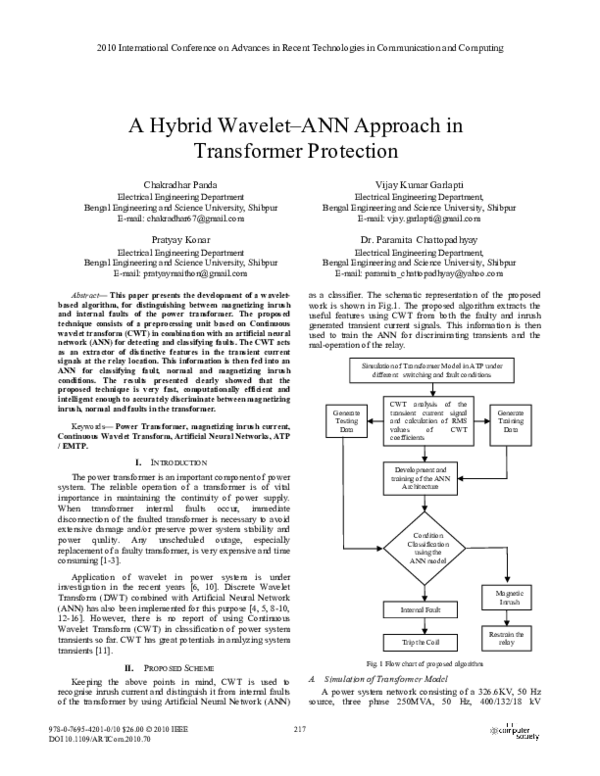 Pdf A Hybrid Wavelet Ann Approach In Transformer Protection