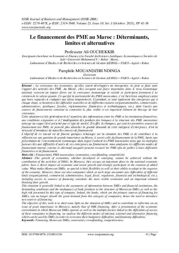 (PDF) Le financement des PME au Maroc : Déterminants, limites et ...