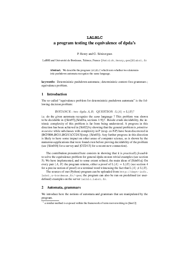 (PDF) LALBLC A Program Testing the Equivalence of dpda’s