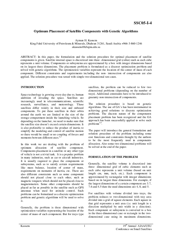 (PDF) Optimum Placement of Satellite Components with A genetic Algorithm