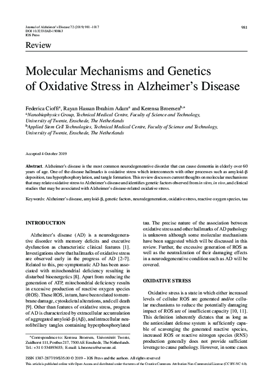 (PDF) Molecular Mechanisms and Genetics of Oxidative Stress in Alzheimer’s Disease