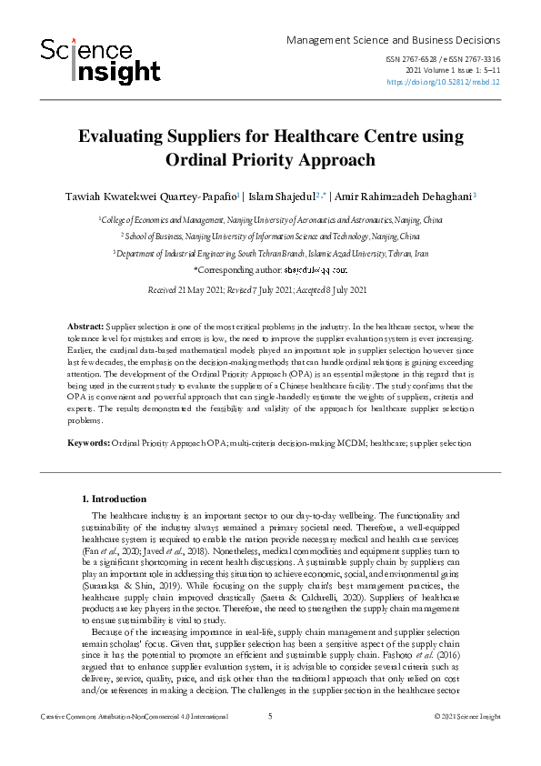 (PDF) Evaluating Suppliers for Healthcare Centre using Ordinal Priority ...