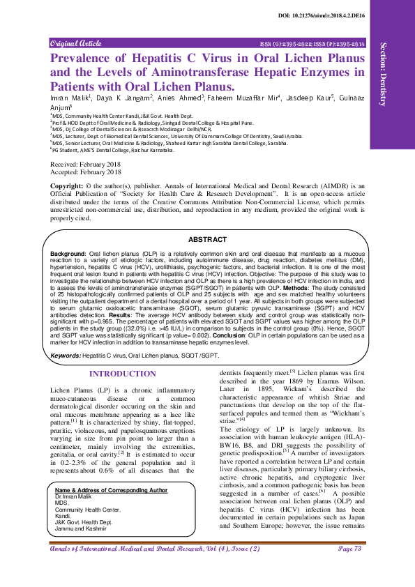 (PDF) Prevalence of Hepatitis C Virus in Oral Lichen Planus and the Levels of Aminotransferase ...