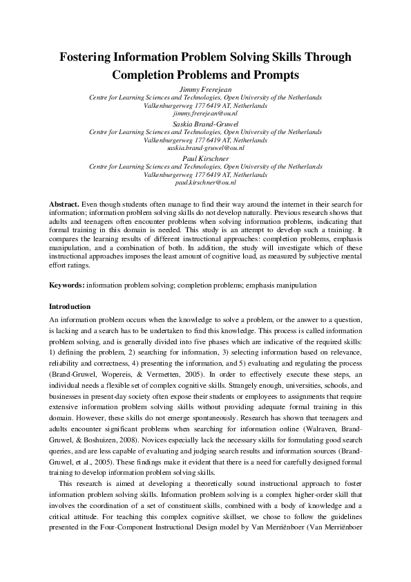 (PDF) Fostering Information Problem Solving Skills Through Completion Problems and Prompts