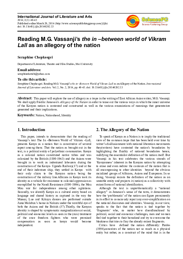 (PDF) Reading M.G. Vassanji’s the in –Between World of Vikram Lall as ...