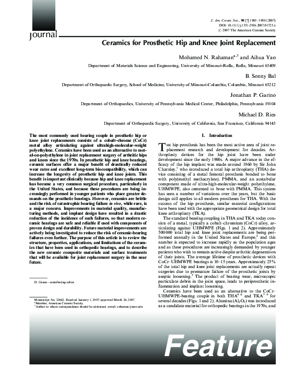 (PDF) Ceramics for Prosthetic Hip and Knee Joint Replacement