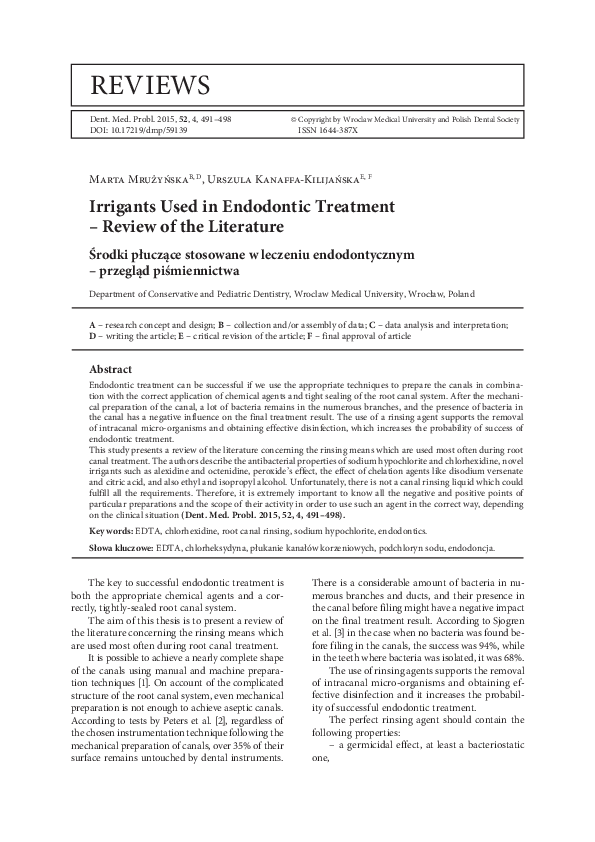 (PDF) Irrigants Used in Endodontic Treatment – Review of the Literature