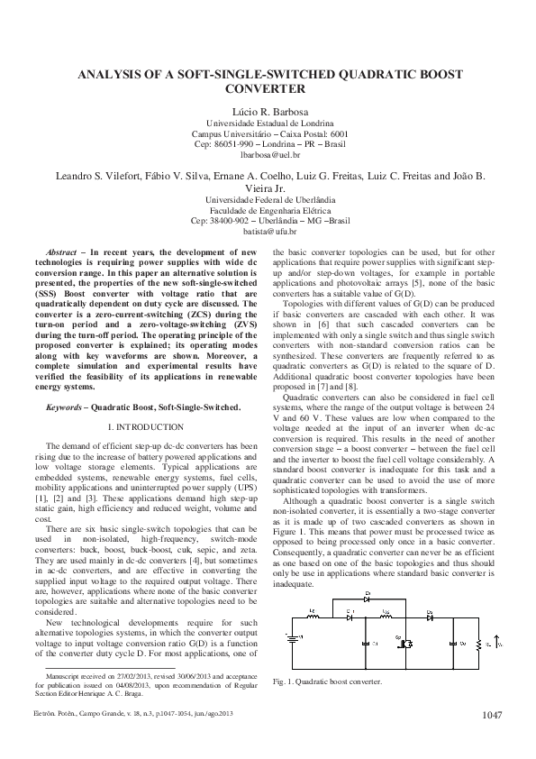 (PDF) Analysis Of A Soft-single-switched Quadratic Boost Converter