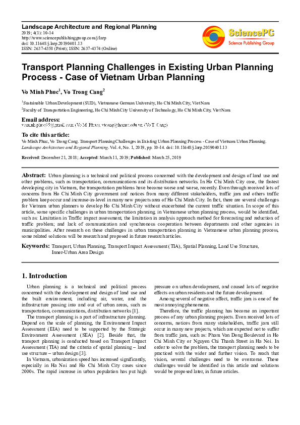 (PDF) Transport Planning Challenges in Existing Urban Planning Process - Case of Vietnam Urban ...