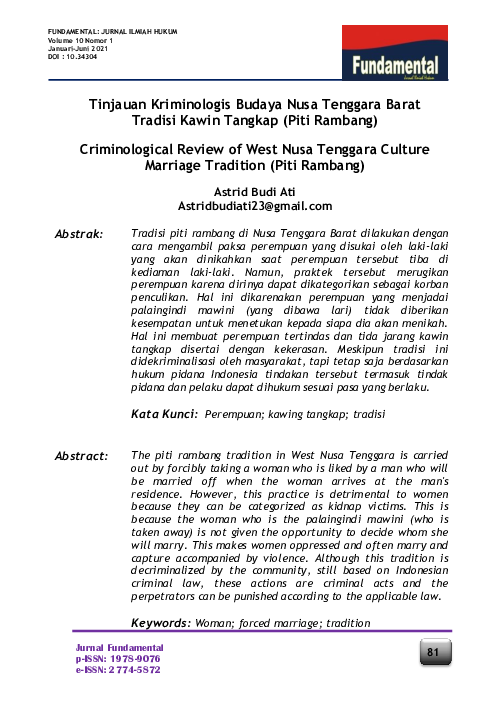(PDF) Tinjauan Kriminologis Budaya Nusa Tenggara Barat Tradisi Kawin Tangkap (Piti Rambang)