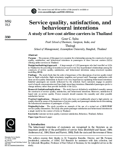 (PDF) Service quality, satisfaction, and behavioural intentions