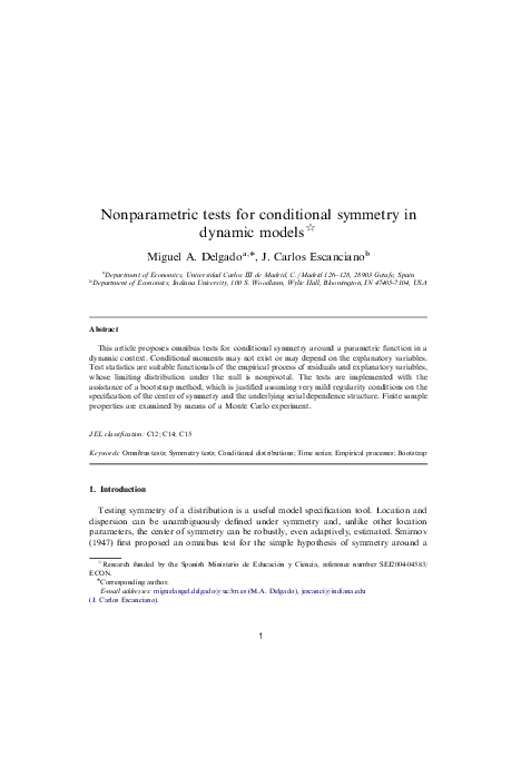 Pdf Nonparametric Tests For Conditional Symmetry In Dynamic Models Miguel Delgado