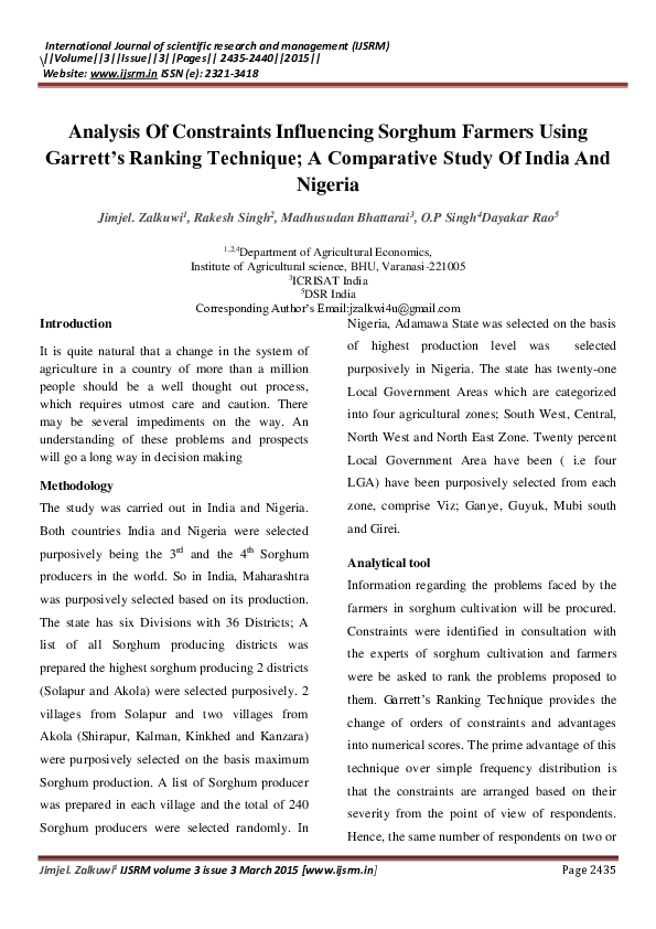 (PDF) Analysis Of Constraints Influencing Sorghum Farmers Using Garrett ...