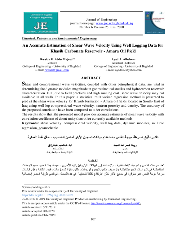 Pdf An An Accurate Estimation Of Shear Wave Velocity Using Well Logging Data For Khasib
