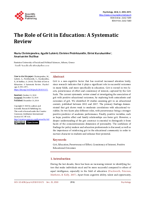 (PDF) The Role of Grit in Education: A Systematic Review