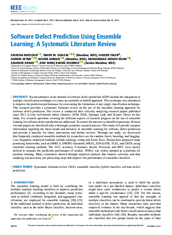 (PDF) Software Defect Prediction Using Ensemble Learning: A Systematic Literature Review | Dr ...