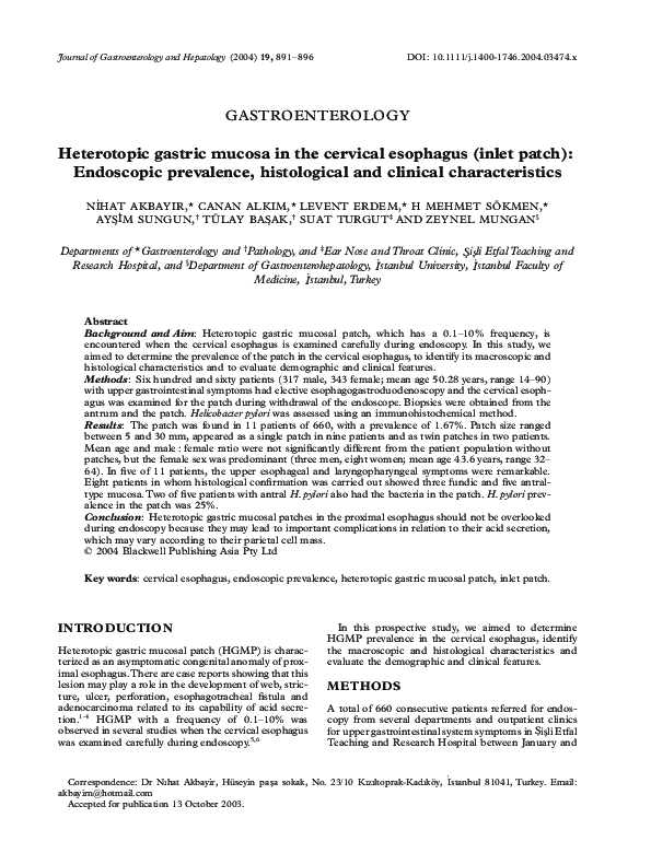 (PDF) Describing the heterotopic gastric mucosa (inlet patch) located ...