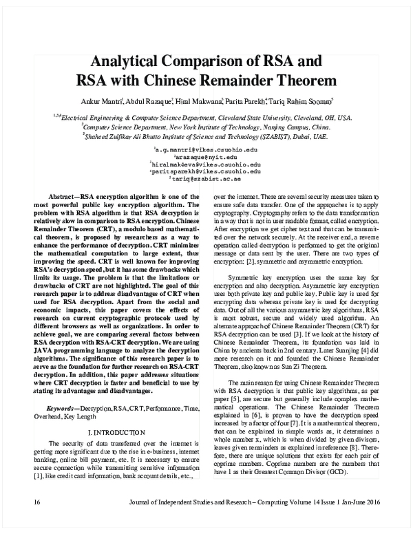 Pdf Analytical Comparison Of Rsa And Rsa With Chinese Remainder Theorem Dr Tariq Rahim