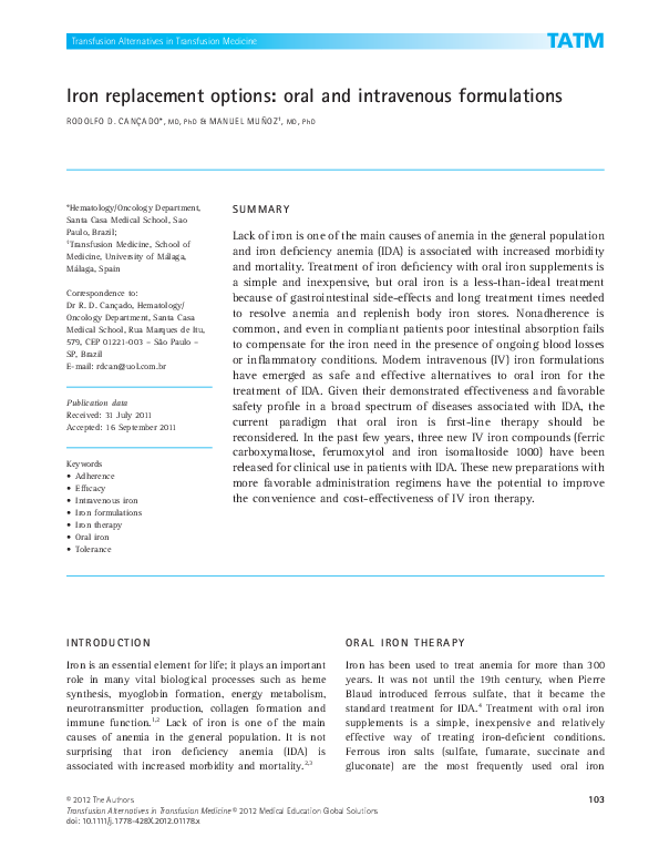 (PDF) Iron replacement options: oral and intravenous formulations