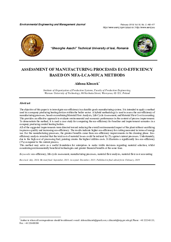 (PDF) Assessment of Manufacturing Processes Eco-Efficiency Based on Mfa ...