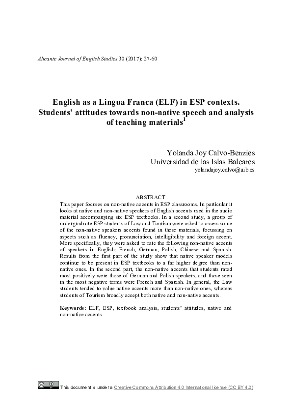(PDF) English as a Lingua Franca (ELF) in ESP contexts. Students ...