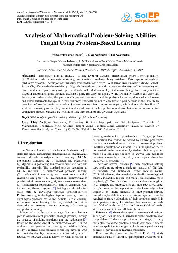 Pdf Analysis Of Mathematical Problem Solving Abilities Taught Using Problem Based Learning 8442