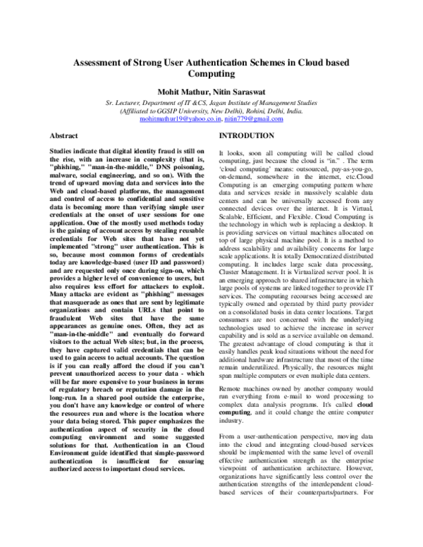 (PDF) Assessment of Strong user Authentication Schemes in Cloud Computing