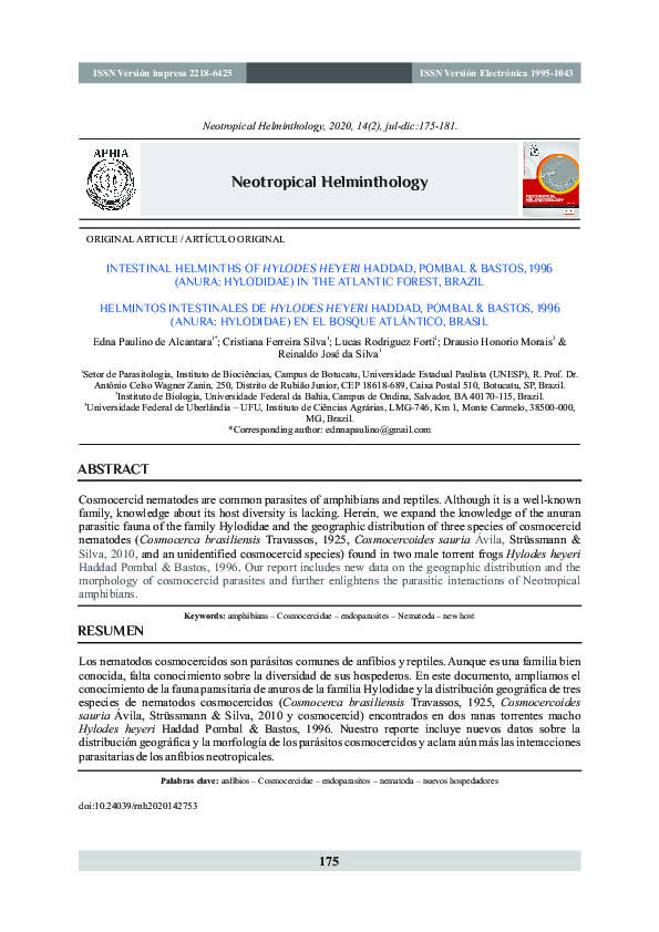 (PDF) Helmintos Intestinales De Hylodes Heyeri Haddad, Pombal Bastos ...