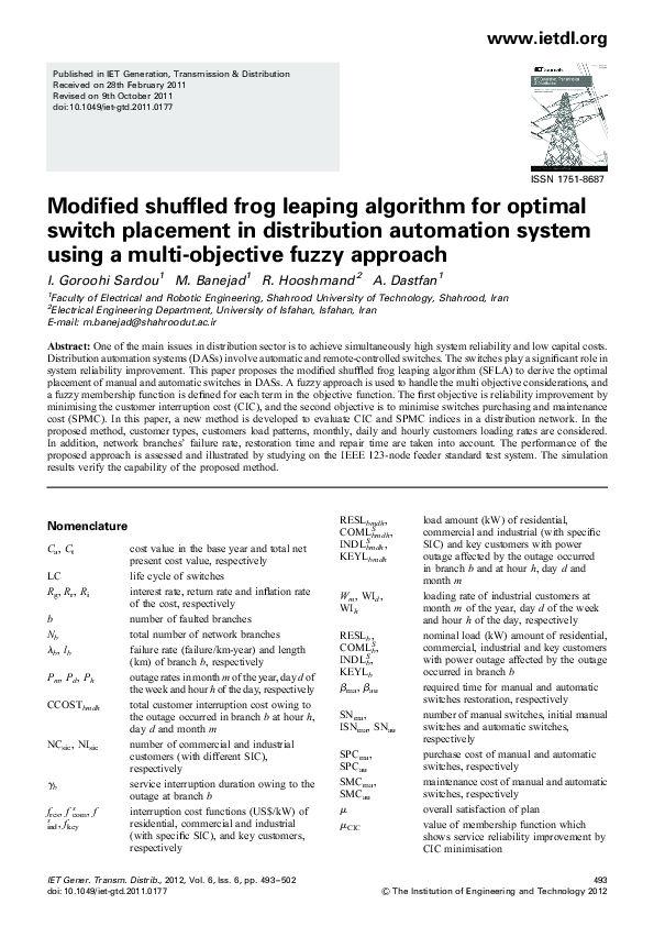 Pdf Modified Shuffled Frog Leaping Algorithm For Optimal Switch Placement In Distribution