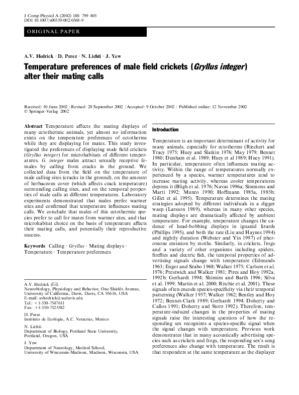 (PDF) Temperature preferences of male field crickets ( Gryllus integer ...
