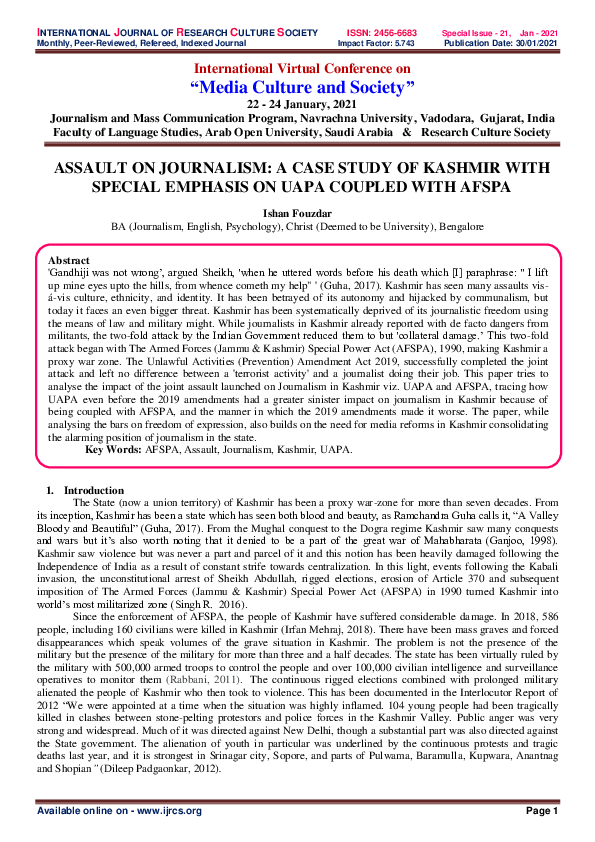 (PDF) ASSAULT ON JOURNALISM: A CASE STUDY OF KASHMIR WITH SPECIAL ...