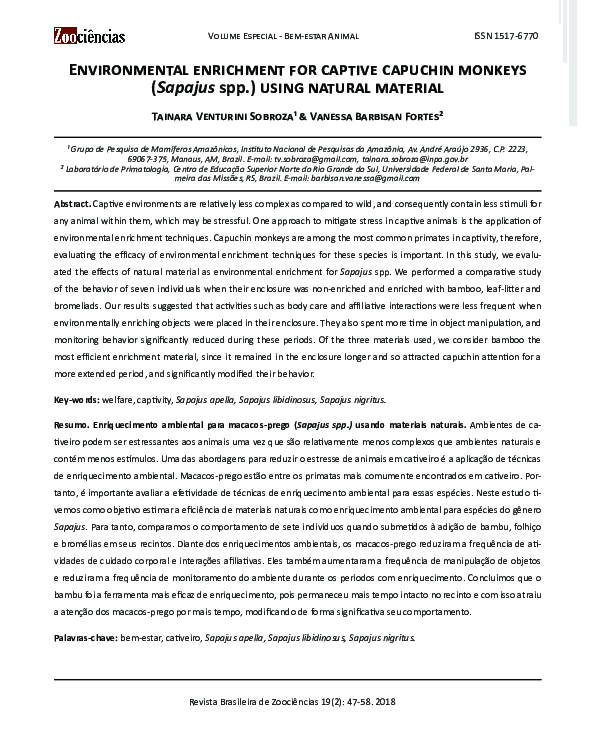 (PDF) Environmental enrichment for captive capuchin monkeys (Sapajus ...