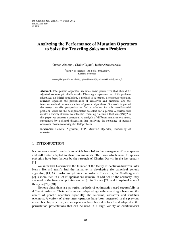 (PDF) Analyzing the Performance of Mutation Operators to Solve the Traveling Salesman Problem