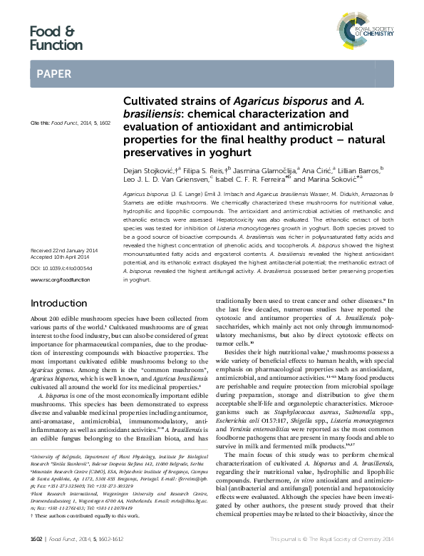 (PDF) Cultivated strains of Agaricus bisporus and A. brasiliensis: chemical characterization and ...