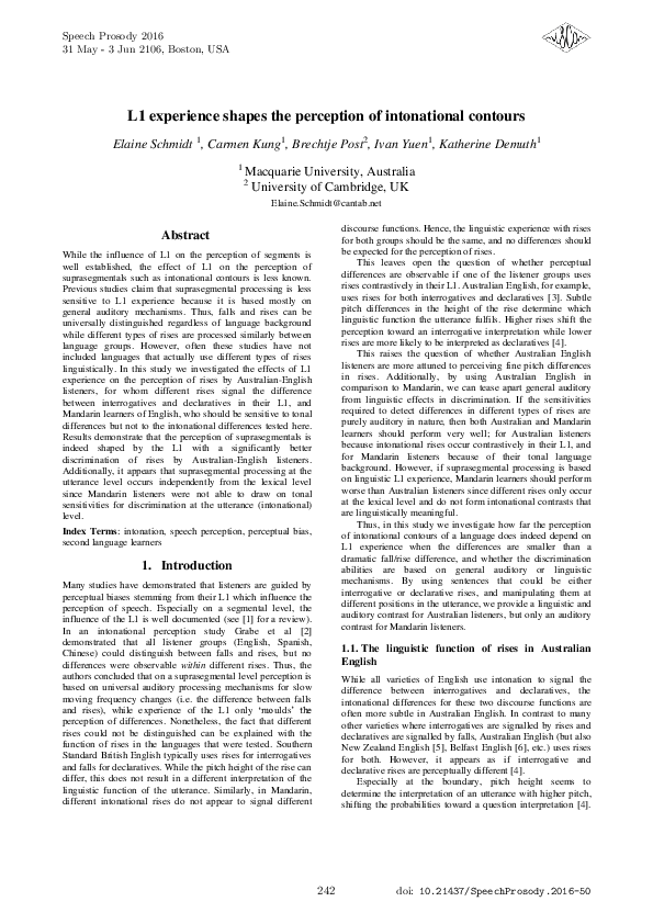 (PDF) L1 experience shapes the perception of intonational contours