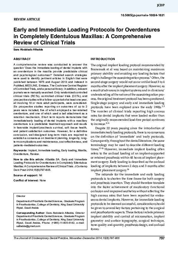 (PDF) Early and immediate loading protocols for overdentures in ...