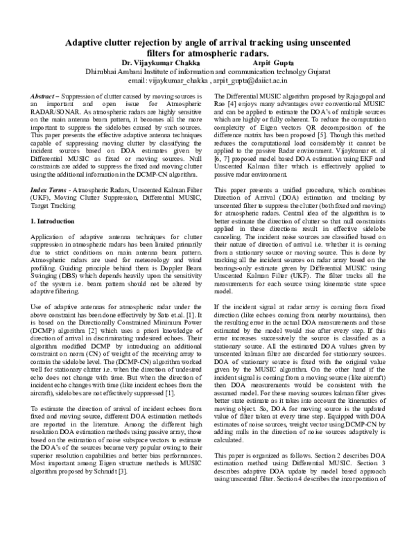 Pdf Adaptive Clutter Rejection By Angle Of Arrival Tracking Using Unscented Filters For