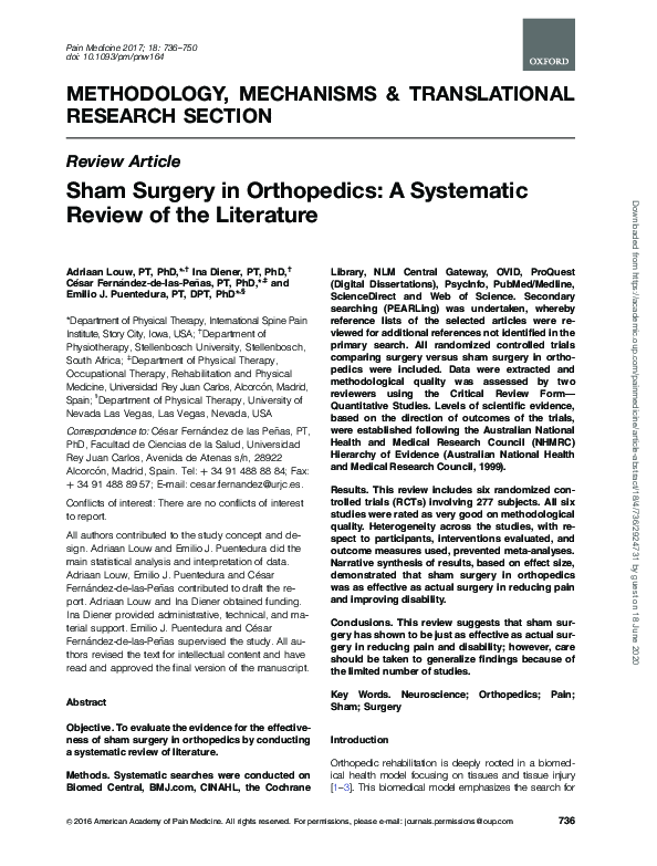 (PDF) Sham Surgery in Orthopedics: A Systematic Review of the Literature