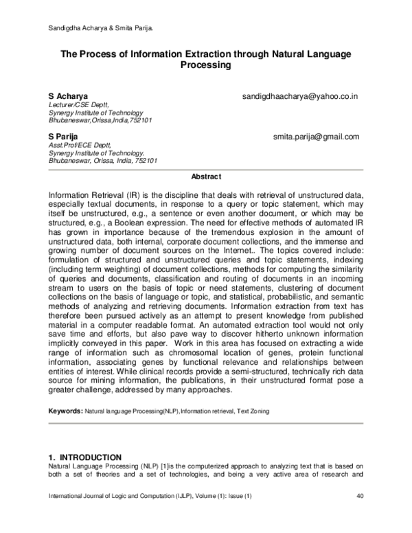 Pdf The Process Of Information Extraction Through Natural Language Processing