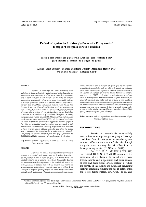 Pdf Embedded System In Arduino Platform With Fuzzy Control To Support The Grain Aeration Decision