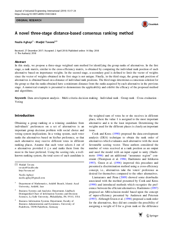 (PDF) A novel three-stage distance-based consensus ranking method
