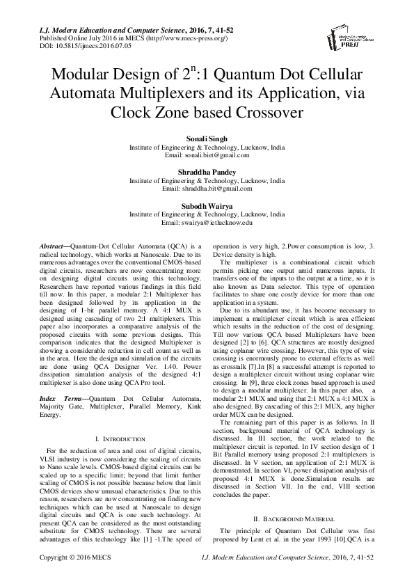 (PDF) Modular Design of 2 n :1 Quantum Dot Cellular Automata Multiplexers and its Application ...