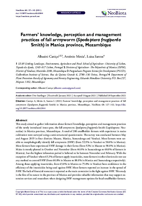 (PDF) Farmers’ knowledge, perception and management practices of fall armyworm (Spodoptera ...