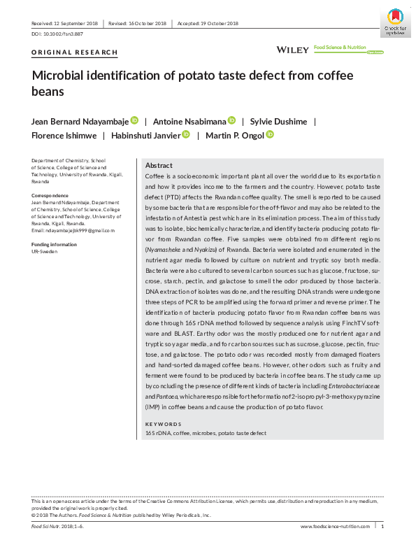 (PDF) Microbial identification of potato taste defect from coffee beans