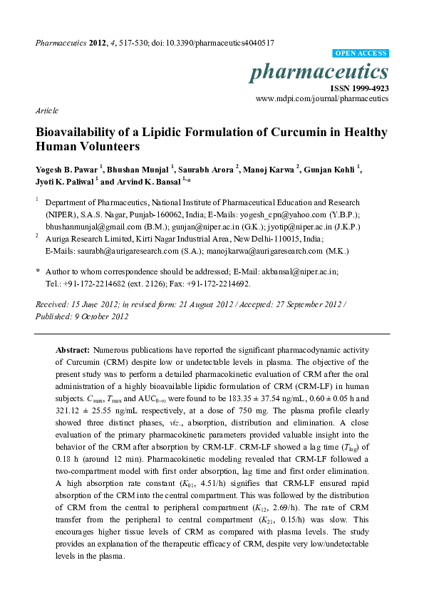 (PDF) Bioavailability of a Lipidic Formulation of Curcumin in Healthy ...