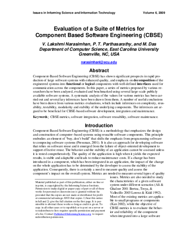 (PDF) Evaluation of a Suite of Metrics for Component Based Software Engineering (CBSE)