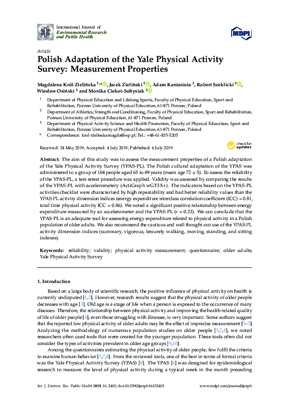 (PDF) Polish Adaptation of the Yale Physical Activity Survey: Measurement Properties