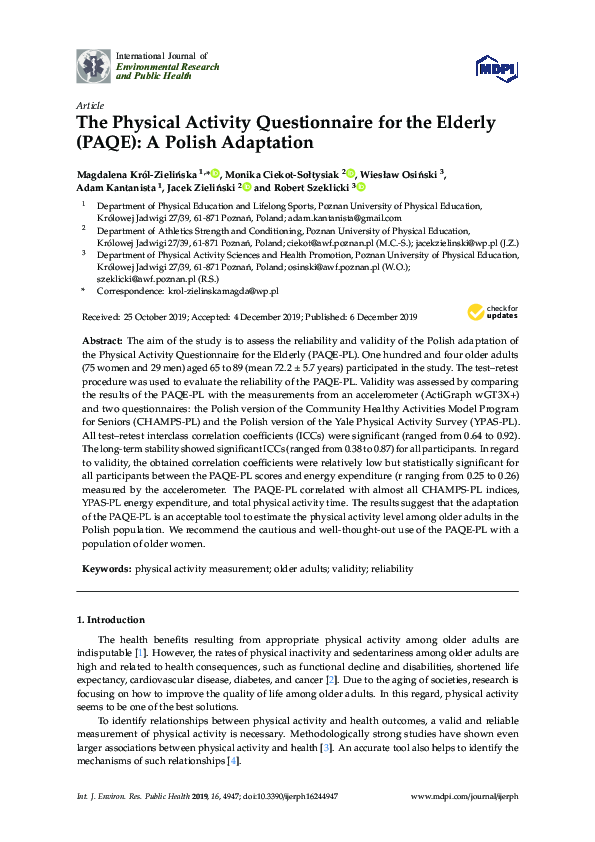 (PDF) The Physical Activity Questionnaire for the Elderly (PAQE): A Polish Adaptation