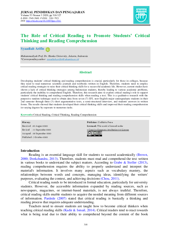 (PDF) The Role of Critical Reading to Promote Students’ Critical ...