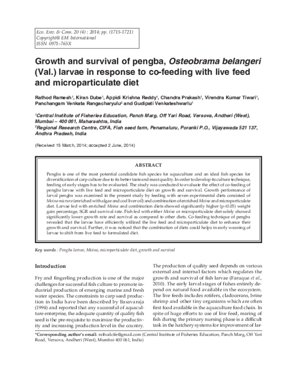 (PDF) Growth and survival of pengba, Osteobrama belangeri (Val.) larvae ...